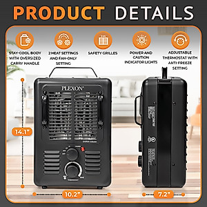 Plexon Milkhouse Utility Electric Space Heater with Thermostat Adjustable Overheat Protection Perfect for Garage or Greenhouse Workshop Comfort Home 1500 Watt Black