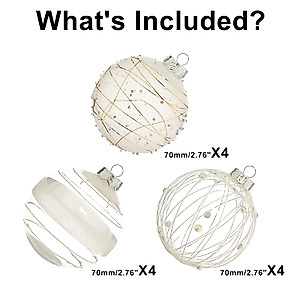 XmasExp Christmas Ball Ornaments Set-70mm/2.76" White Large Shatterproof Clear Glitter Pastic Christmas Ball Ornaments Xmas Tree Decoration Delicate Hanging Ornaments (12 Counts,White)