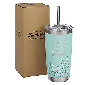 Christian Art Gifts Reusable Stainless Steel Tumbler Travel Mug w/Straw for Mothers: First My Mom Forever My Friend w/Scripture, Vacuum Insulated, Pop-up Lid, Hot/Cold, Cute Mint Green Floral, 18 oz.