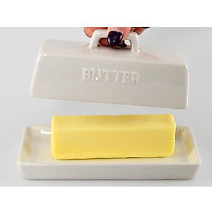HOME-X Classic Butter Dish, Butter Dish with Cover, Farmhouse Dish for Stick of Butter, Butter Crock, 6 ¾”L x 3 ¼”W x 3" H, White