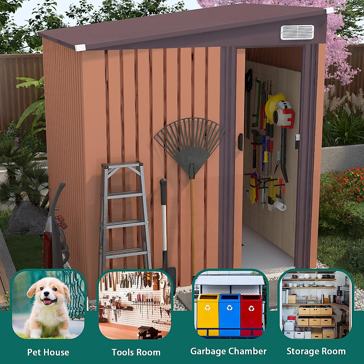 5' x 7' Outdoor Storage Shed, Metal Garden Tool Shed with Lockable Door and Vents, Galvanized Steel Outside Sheds for Backyard, Patio, Lawn, Brown