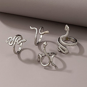 JWICOS 4Pcs Silver Punk Snake Style Stackable Finger Rings for Women Gothic Vintage Open Adjustable Rings Set Gift for Snake Lover Reptile Lover