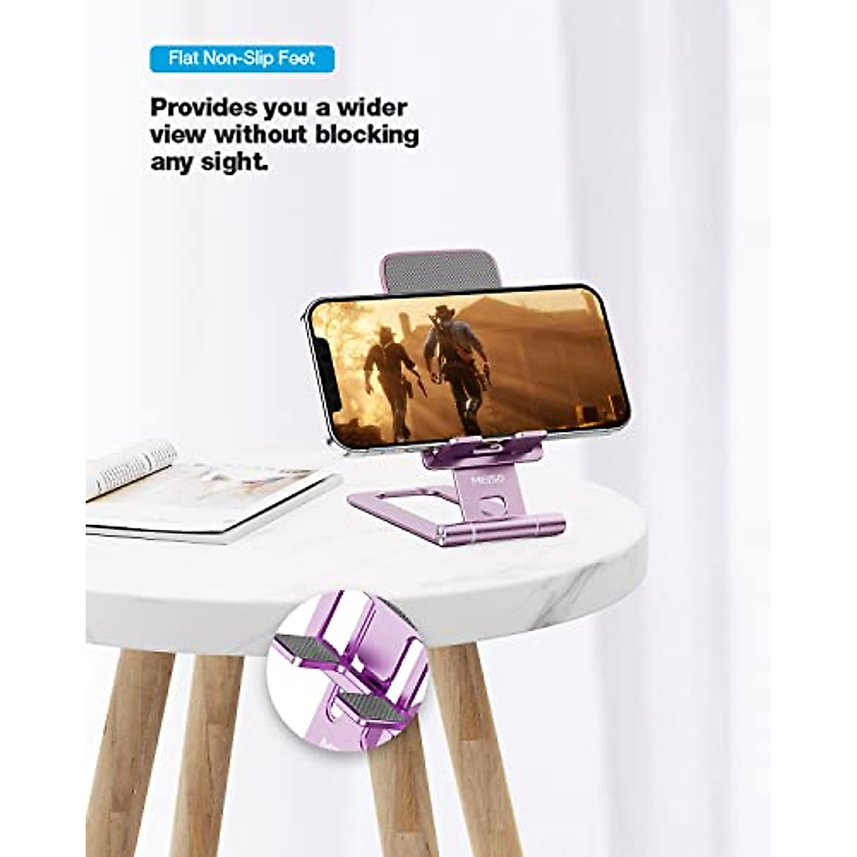 MEISO Cell Phone Stand, Fully Foldable Phone Holder for Desk, Desktop Mobile Phone Cradle Dock Compatible with iPhone, Samsung Galaxy, iPad Mini, Tablets Up to 10” (Lilac Purple)