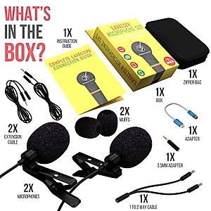 Lavalier Microphone 2 Pack Bundle - Omnidirectional Lapel Mic with Clip-On Suitable for iPhone, Android, Samsung, GoPro, DSLR - Professional Lapel Mic for YouTube and Vlogging