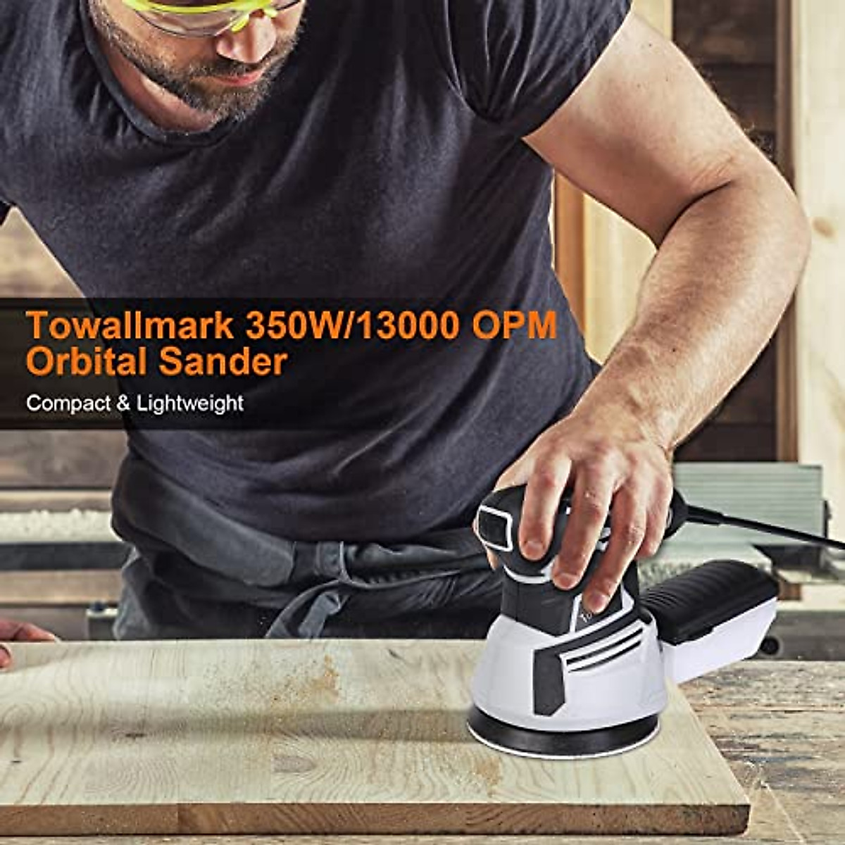 2.6A Random Orbital Sander,Towallmark 350W Orbital Sander with 6 Variable Speed,13000RPM Electric Sander with 12Pcs Sandpapers,1 Pcs Dust Box,Sander for Woodworking