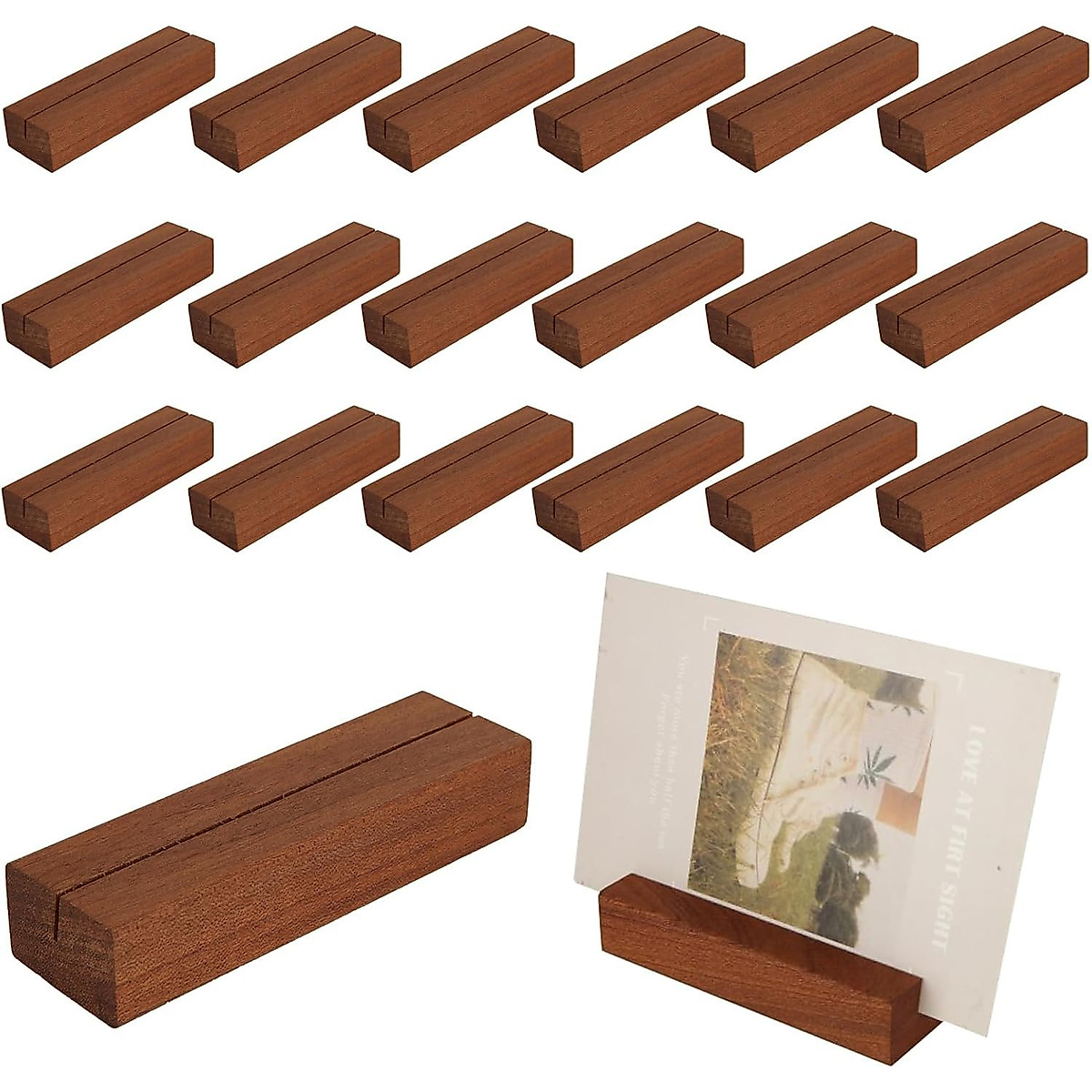 SHUESS Wood Place Card Holder, 4 x 1.2 x 0.8 Inch (20 pcs) Wooden Acrylic Sign Table Numbers Holders, Wood Table Card Picture & Photo Holder Display Stands for Home and Party Decoration