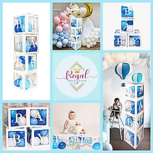 82PCS Baby Shower Decorations For Boy Kit - Jumbo Transparent Baby Block Balloon Box Includes BABY, Alphabet Letters DYI, White Gray Baby Blue Balloons, Gender Reveal Decor 1st Birthday Party Backdrop