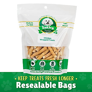 Lucky Premium Treats Chicken Wrapped Dog Treats – USA Made Raw Hide Sticks for Small & Toy Size Dogs – Long Lasting, Preservative Free Dog Treats – 150 Chews