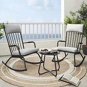 Grand patio 3-Piece Outdoor Rocking Chair Set, Steel Rocking Chairs with Cushions and 18-inch Round Side Table, Outdoor Bistro Set for Patio Porch Deck, Black