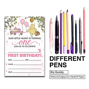 Dolimifa Winnie the Pooh 1st Birthday Invitations Fill in Style Winnie the Pooh Bear Pink Balloon Winnie Our Little Hunny First Birthday Invites, 20 Count With Envelopes