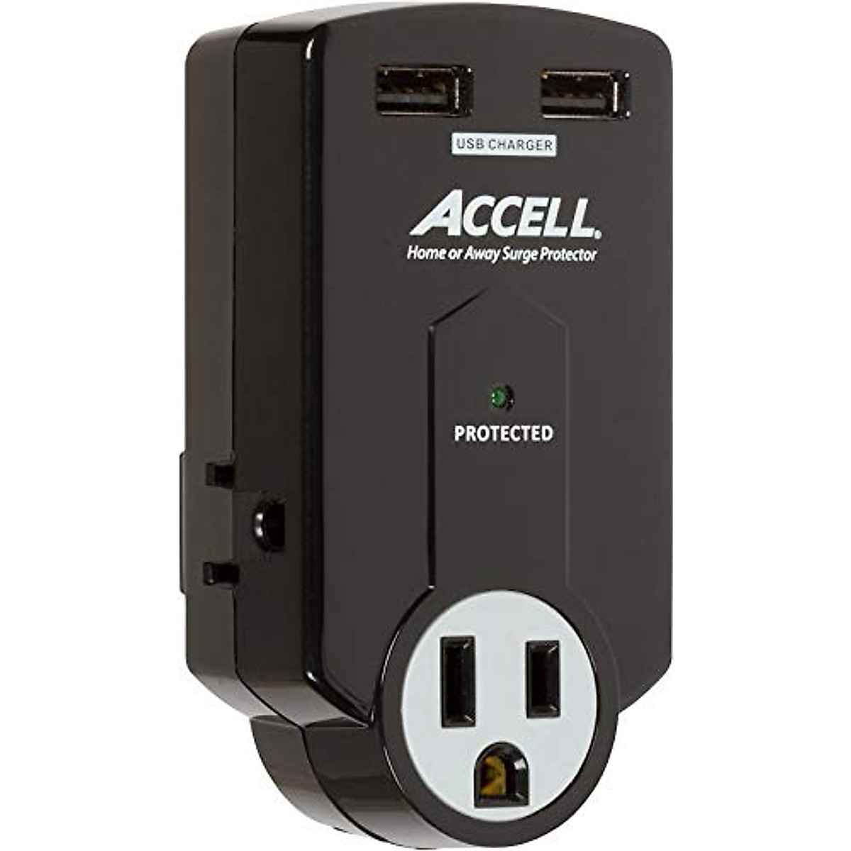 Accell Power Travel Surge Protector - 3 Outlets, 2 USB Charging Ports (2.1A Output), Folding Plug - Black, 612 Joules, ETL Listed