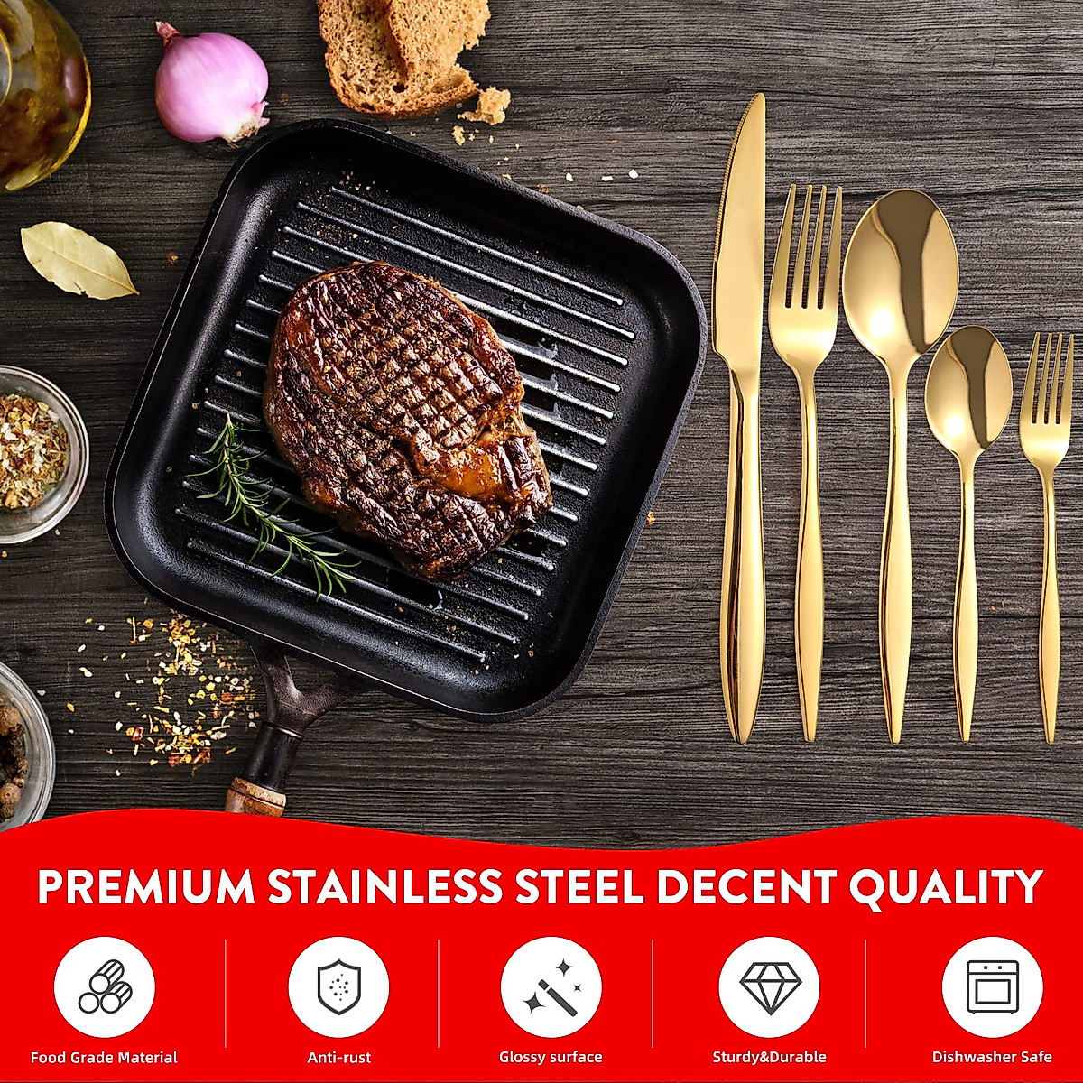 Gold Silverware Set with Organizer, 40-Piece Flatware Set for 8, Stainless Steel Kitchen Utensils Cutlery Set for Home Kitchen Restaurant Hotel,Dishwasher Safe