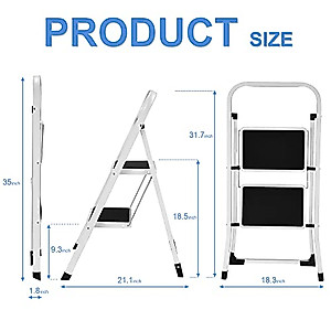 2 Step Ladder, Lightweight Folding Step Stools for Adults with Anti-Slip Pedal, Portable Sturdy Steel Ladder with Handrails, Perfect for Kitchen & Household, 330 lbs Capacity, White