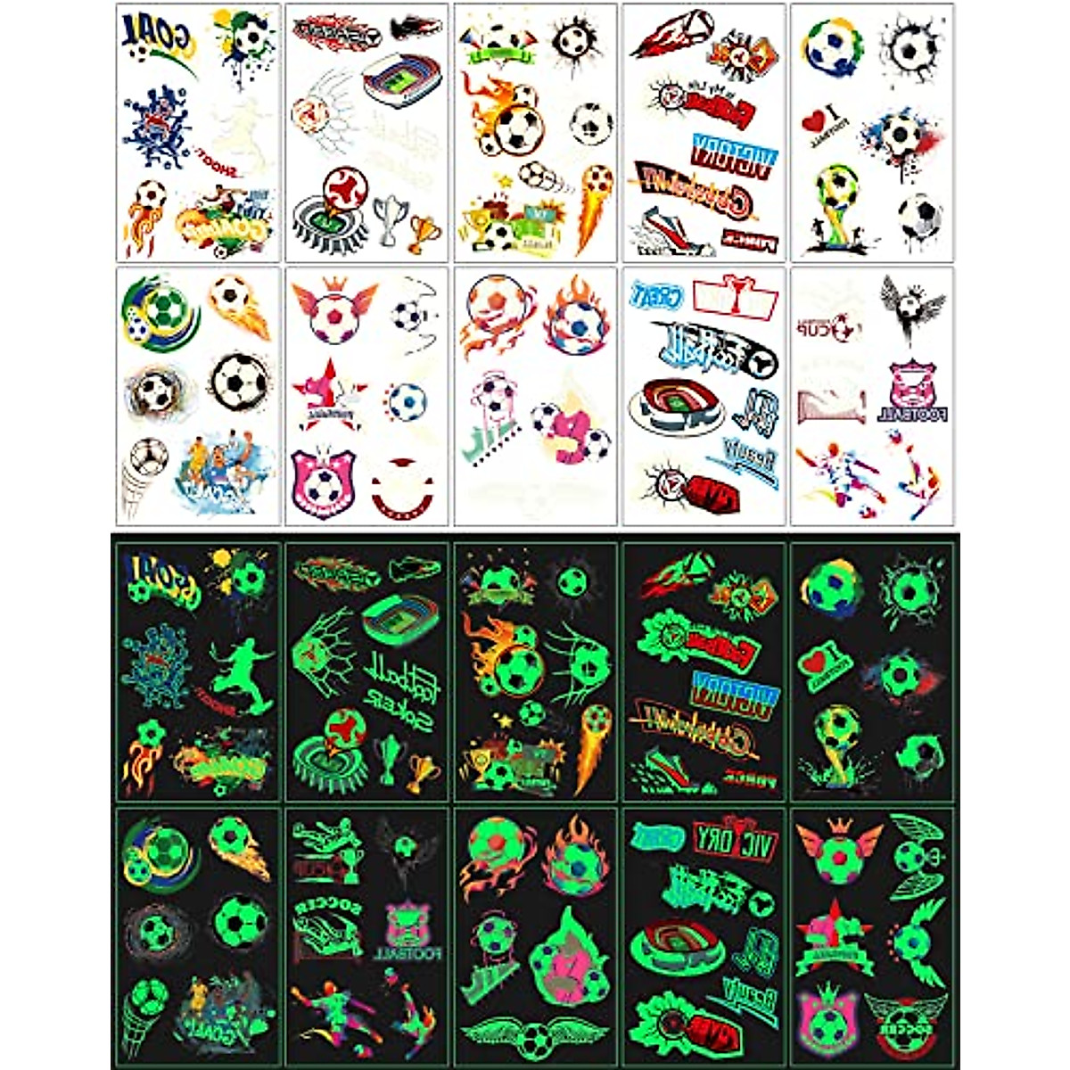 JCFIRE Temporary Tattoos Kids, Glow in Dark Word Cup Soccer Stickers Waterproof Kids Tattoos for Soccer Theme Birthday Party Decorations Party Favors Goodie Bags Gifts