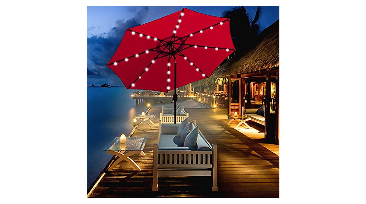 Blissun 9 ft Solar Umbrella with LED Lights for Outdoor Use