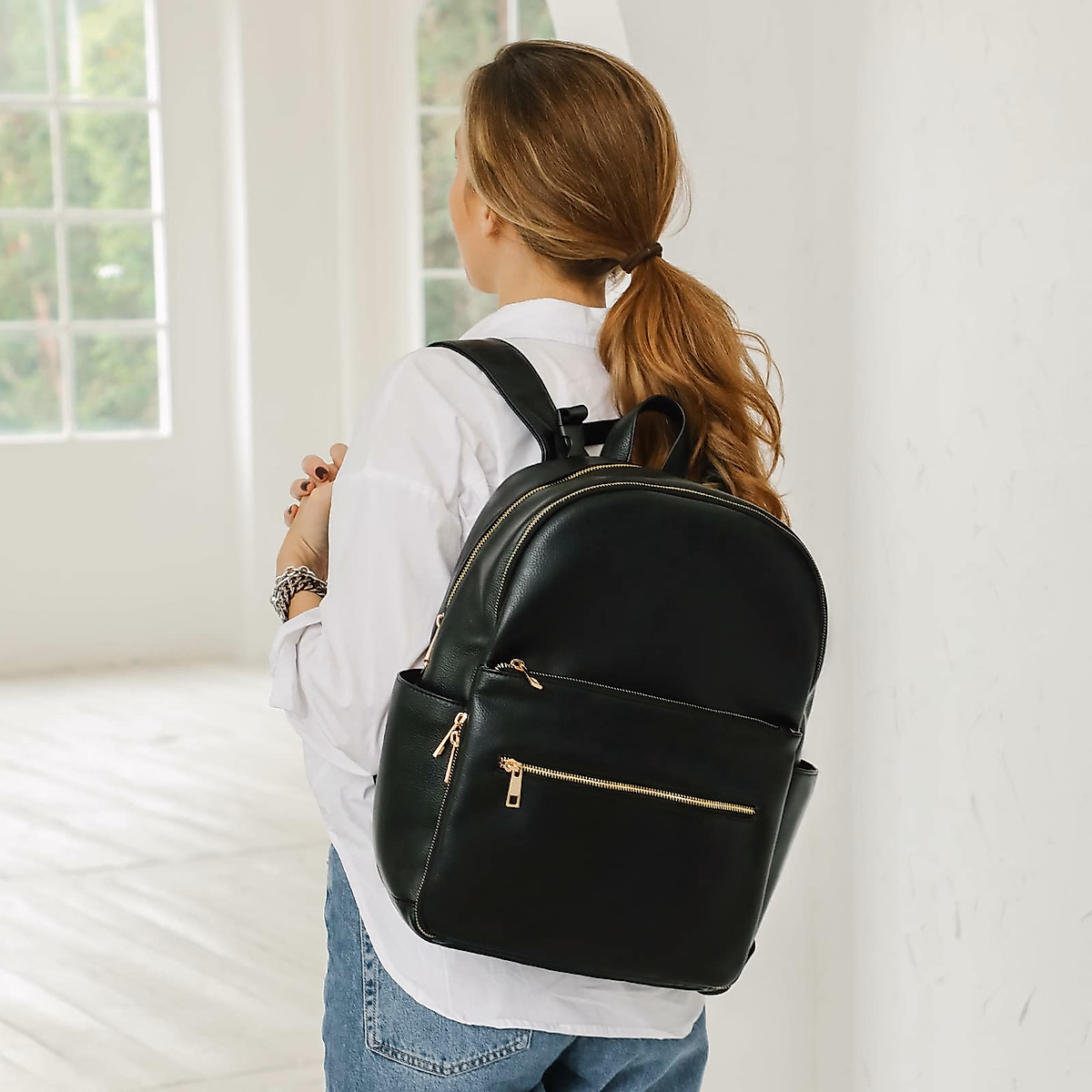 Omanmoli Diaper Bag Backpack Baby Diaper Bag Leather Diaper Bag Backpack Mom Dad with 18 Organizing Pouches,6 Insulated Pockets,Changing Pad,Stroller Straps, Large Capacity,Waterproof(Black)