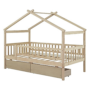House Bed with Fence Storage, Twin Size Montessori Style Beds with Railings and 2 Drawers, Wooden Playhouse Bed Frame for Kids Girls Boys, Natural