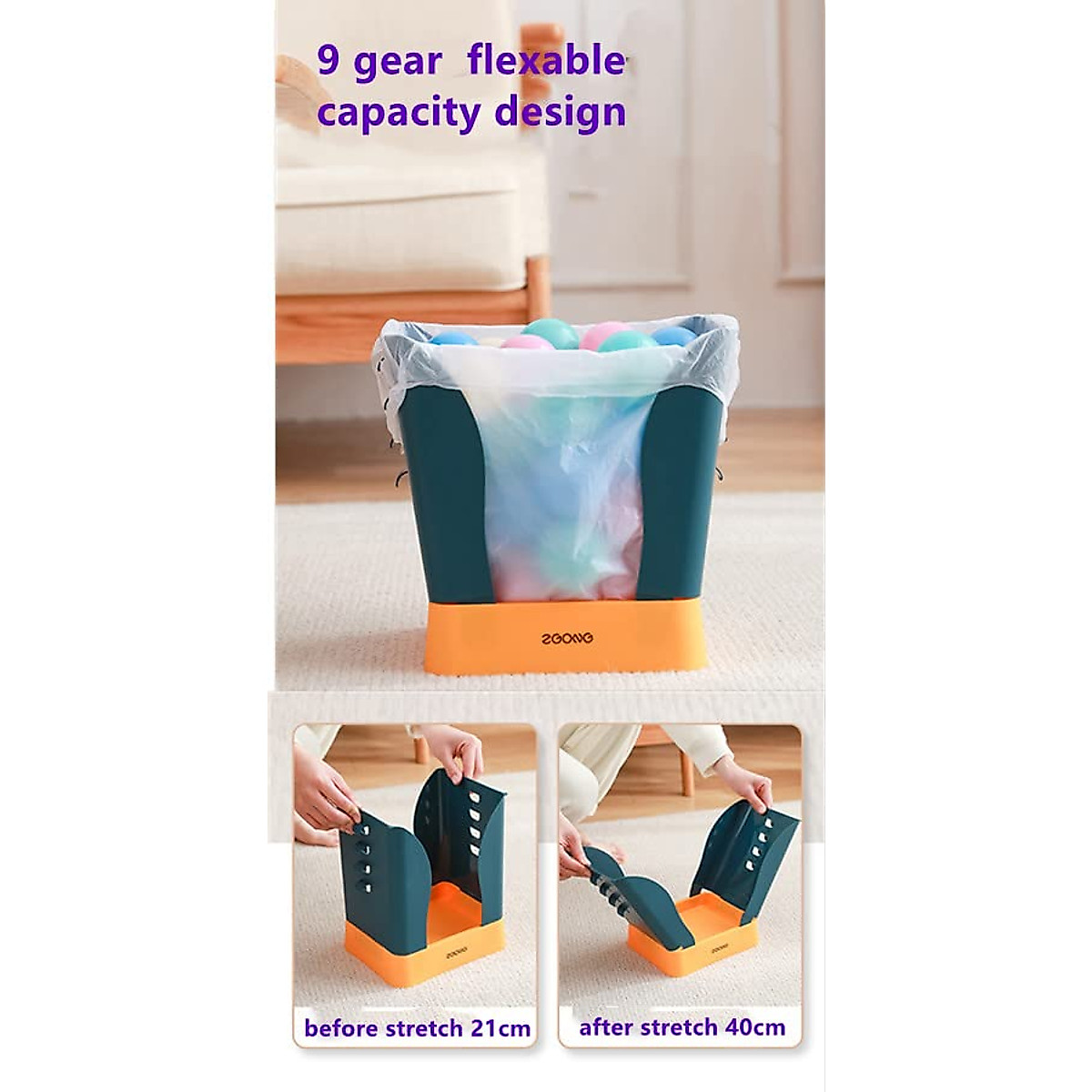 Eco Friendly Trash Can, Trash Bags Holder, Adjustable Size Rubbish bin (Grey Blue + Orange Blue)