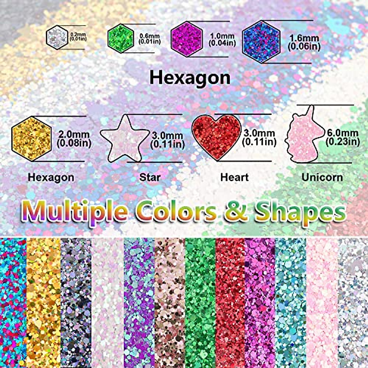 12 Colors of Holographic Chunky Glitter No Glue Attached, 12 Pots Total 120g Multi-Shaped for Body Hair Face Eyes Make-up, Nail Art and Bedazzling in Party/Concert/Events Glitter