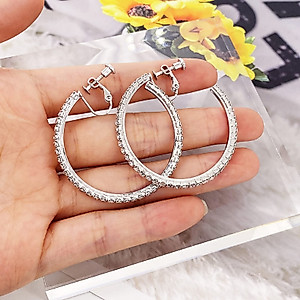 LAXPICOL Fashion Sparkly Austrian Circle Hoop Earrings Clip On Earrings For Women No Piercing Earrrings Silver Tone 1.6"*1.6"
