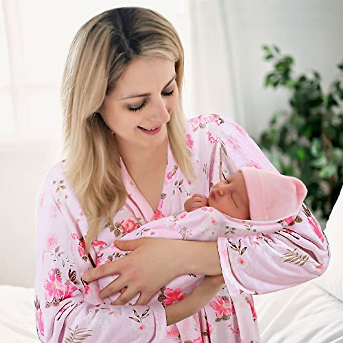 Mepase 5 Pcs Mommy and Me Robe Swaddle Headband Cap Set Including Maternity Robe Baby Swaddle Blanket Headband Hat for Mom and Baby (X-Large)