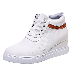 NOGOQU Women's Platform Wedge Tennis Walking Shoes Breathable Lightweight Leisure Casual Round Toe Comfort Fashion Sneaker Lace-Up Pumps Casual Single Shoes (White, 9)