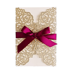 ponatia 25PCS Hollow Rose Laser Cut Wedding Invitations Cards with Envelopes, Printable Paper with Burgundy Ribbons For Wedding Bridal Shower Engagement Sweet 16 Birthday Invite (Gold Glitter)