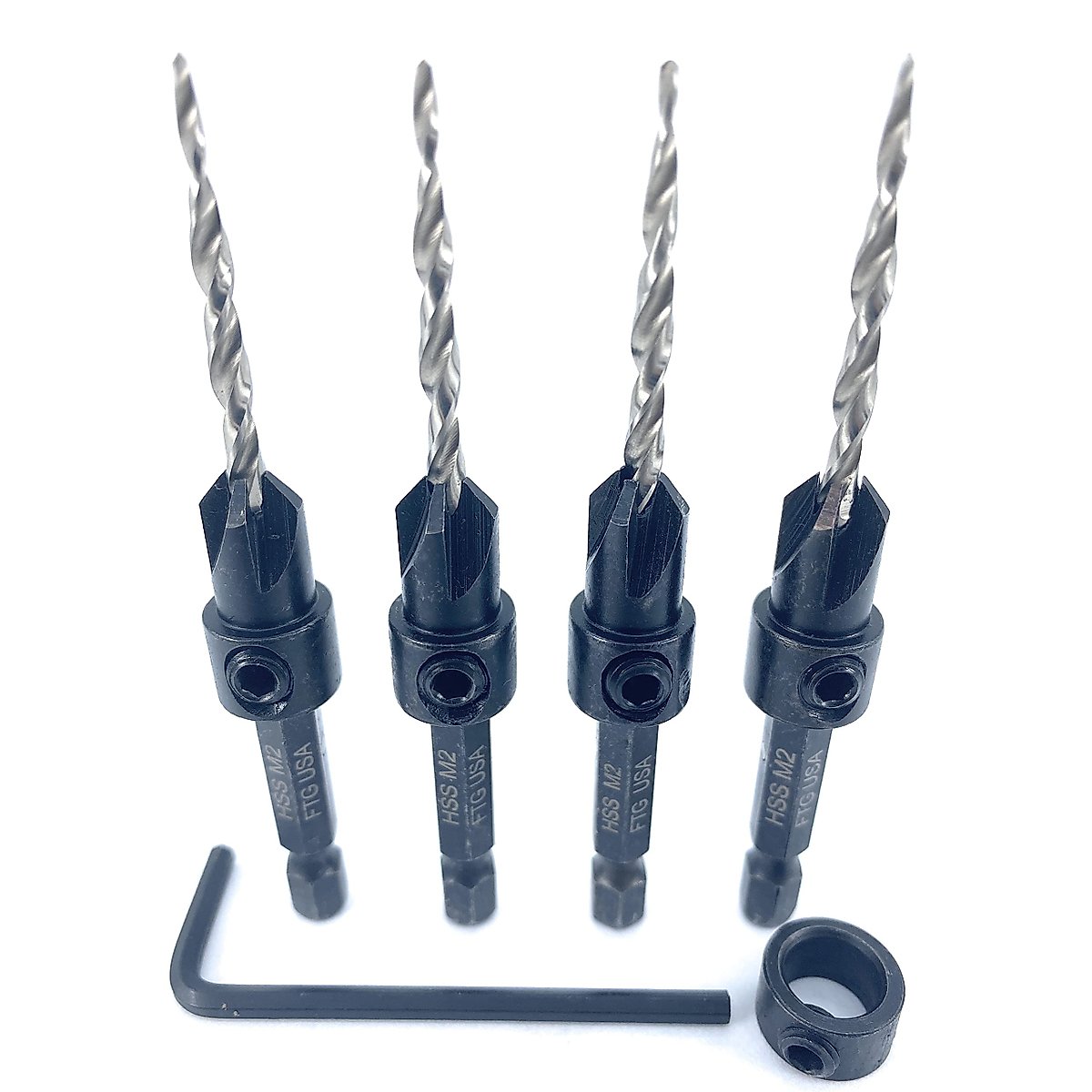 FTG USA Countersink Drill Bit Set 4 Piece Same Size #6 (9/64") Countersink Drill Bit with 12 Replacement Tapered Countersink Bits #6 (9/64") 1 Depth Stop Collar, 2 Hex Wrench