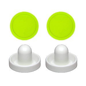 2 Commercial Hockey Fluorescent White Goalies with 2 Large Green Air Pucks