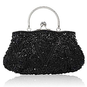 Women Vintage Beaded Evening Clutch Vintage Design Sequin Floral Top-handle Handbag Party Wedding Purse Wallet (Black)