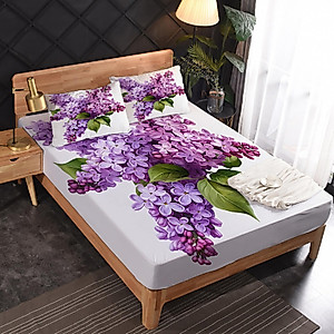 Full Size Sheet Sets - Lavender Floral Bed Sheets, Flower Bedding Sheets & Pillowcases, Soft Microfiber & Deep Pocket & Wrinkle Free Patterned Sheet Set, 1 Fitted Sheet, 1 Flat Sheet, 2 Pillow Cases