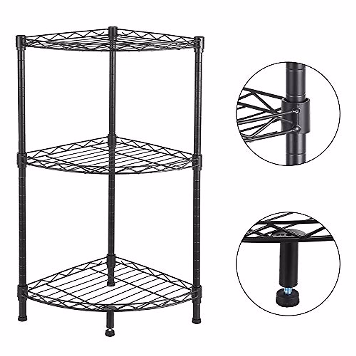 Kcelarec 3 Tier Corner Wire Shelving Unit, Adjustable Wire Rack Shelving, Metal Wire Storage Shelves for Kitchen, Pantry, Laundry, Bathroom, Closet