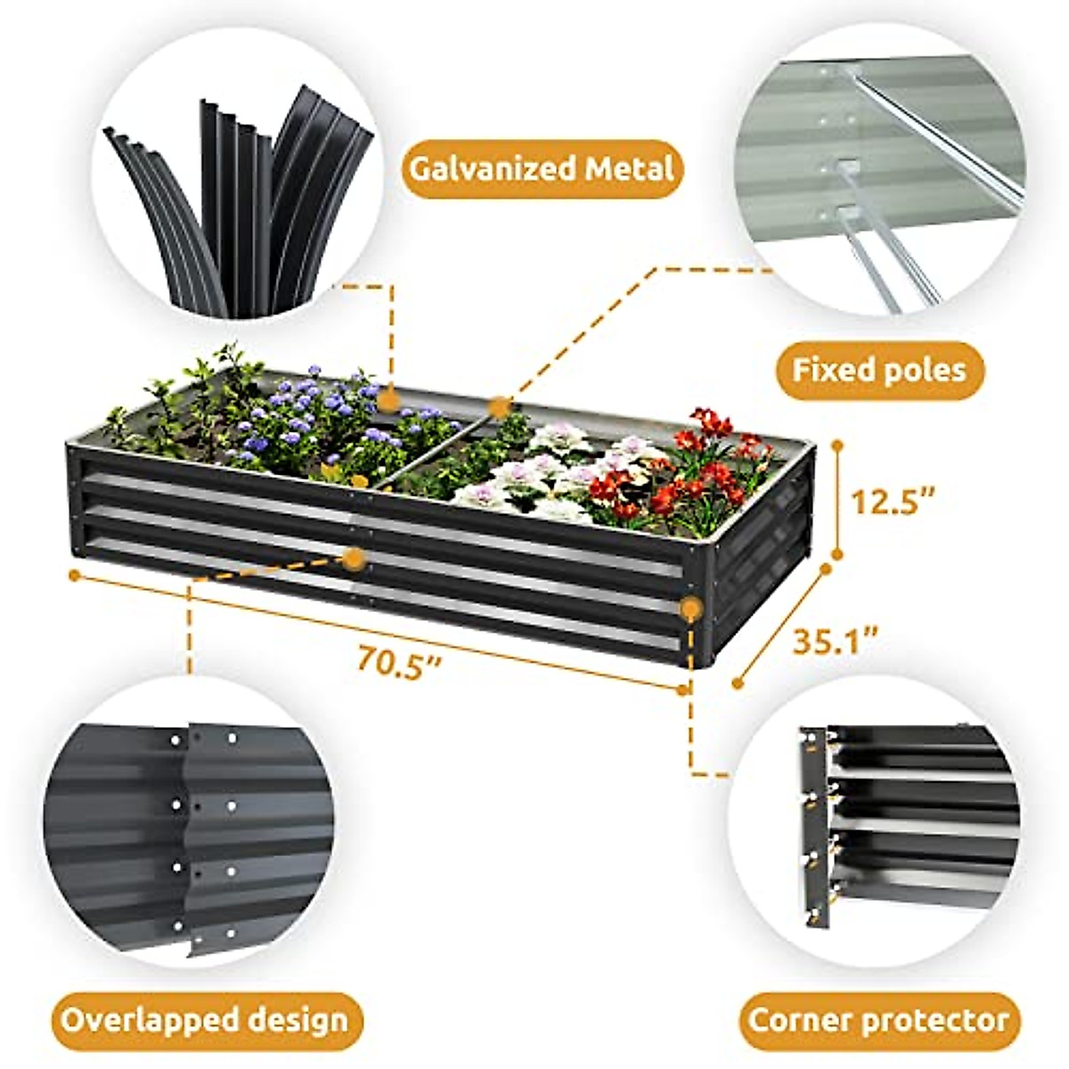 UDPATIO Galvanized Raised Garden Bed 6x3x1 FT, Outdoor Metal Planter Boxes for Planting Vegetables, Flowers, Herbs and Fruits, Gardening Deep Roof Planter Steel Kit, Dark Grey