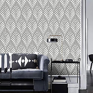 Yun-aeon Modern Silver Leaf Peel and Stick Wallpaper Contact Paper 17.7“ X 120“ Geometric Silver Boho Print Wallpaper Peel and Stick Self Adhesive Wallpaper Removable Wallpaper