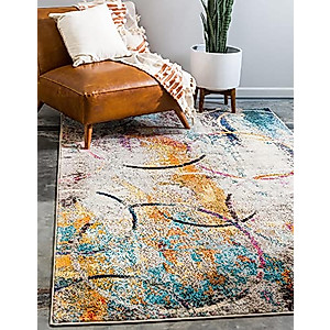 Unique Loom Chromatic Collection Modern Rustic & Vibrant Abstract Area Rug for Any Home Décor, Rectangular 5' 0" x 8' 0", Beige/Blue