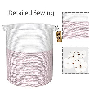 COMFY-HOMI XXL Blanket Basket 18”x16”|Cotton Rope Laundry Basket|Woven Basket for Storage|Gift Basket Empty for Newborn or Infant Gift for Boy Girl, Toy basket for blanket, cloth, towel-White/Pink