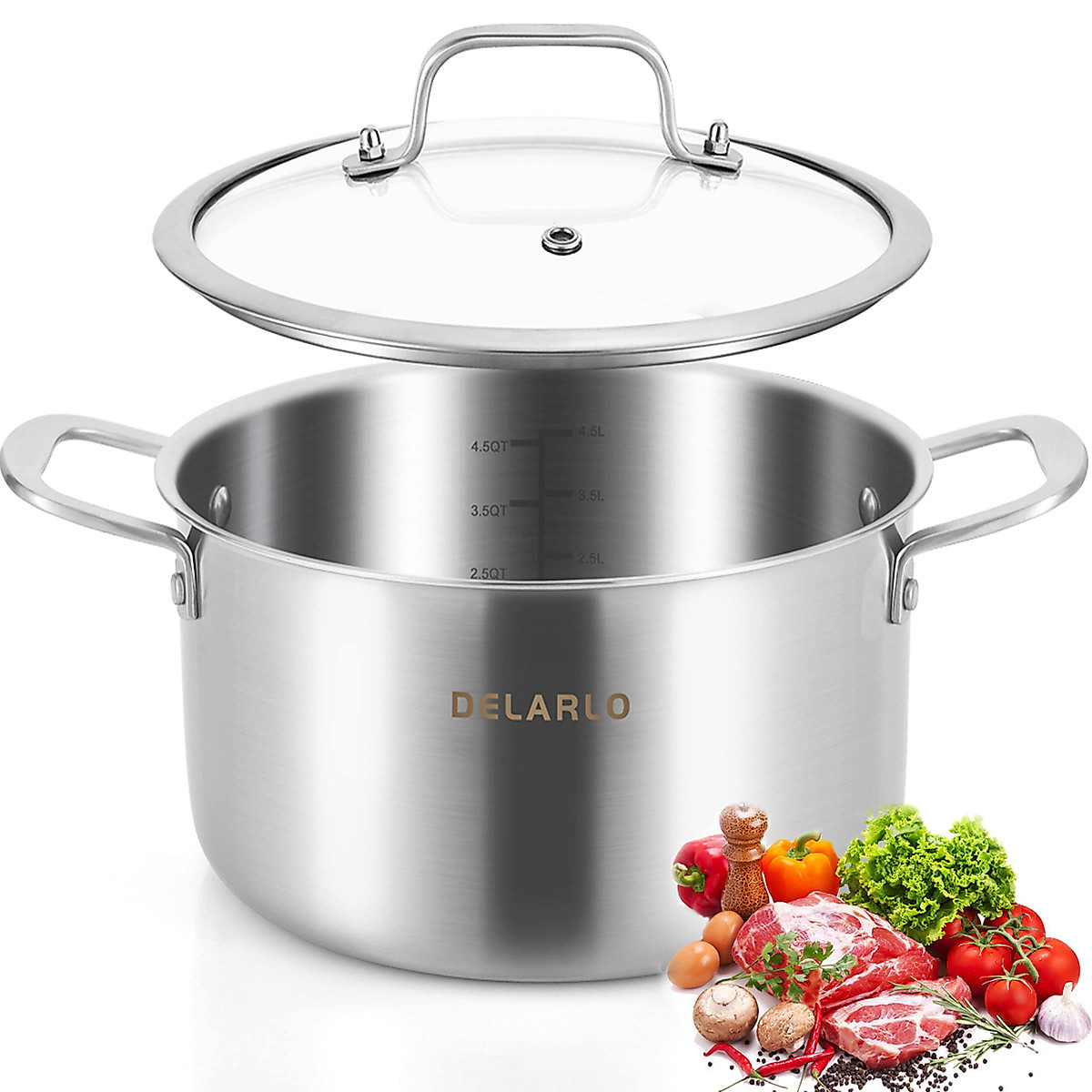 DELARLO Whole Body Tri-ply Stainless Steel StockPot 3.5QT, Cooking Pot 18/8 Food Grade, Durable Soup Pot with Glass Lid,Suitable for All stoves, Dishwasher-Safe