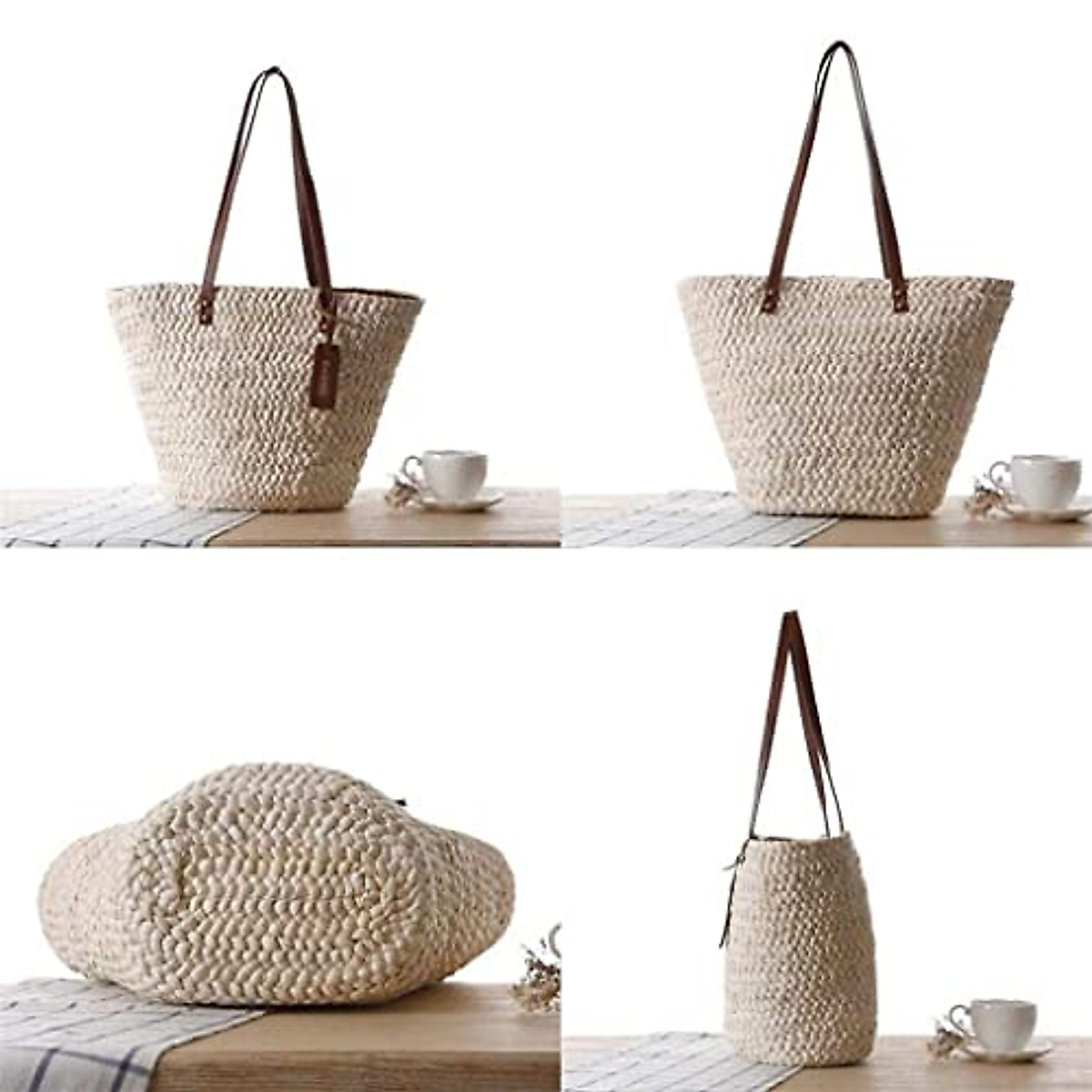 n/a Summer Straw Bags Women Handmade Woven Basket Shoulder Bags Beach Travel Large Capacity Tote Bags (Color : Photo Color, Size : One Size)