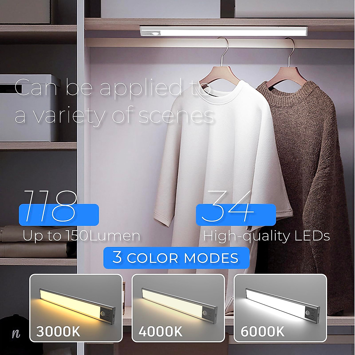 Led Under Cabinet Lights Motion Sensor 3 Colors and Dimmable 34-LEDs Kitchen Under Cabinet Lighting Wireless 1200mAh USB-C 8.46-inch Led Closet Light for Wardrobe, Stairs, Hallway[2 Pack]