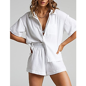 Flygo Womens Casual 2 Piece Outfits Cotton Linen Sets Button Down Shirt Shorts Resort Wear 2024 Pajama Beach Set(White-XS)