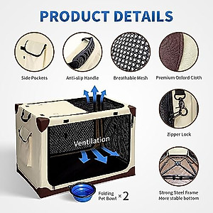 Pecait Soft Collapsible Dog Crate, 42 Inch Portable Travel Dog Crate for Extra Large Dogs 4-Door Durable Breathable Mesh Window Indoors Outdoors Kennel with 2 Foldable Dog Bowls (Beige)