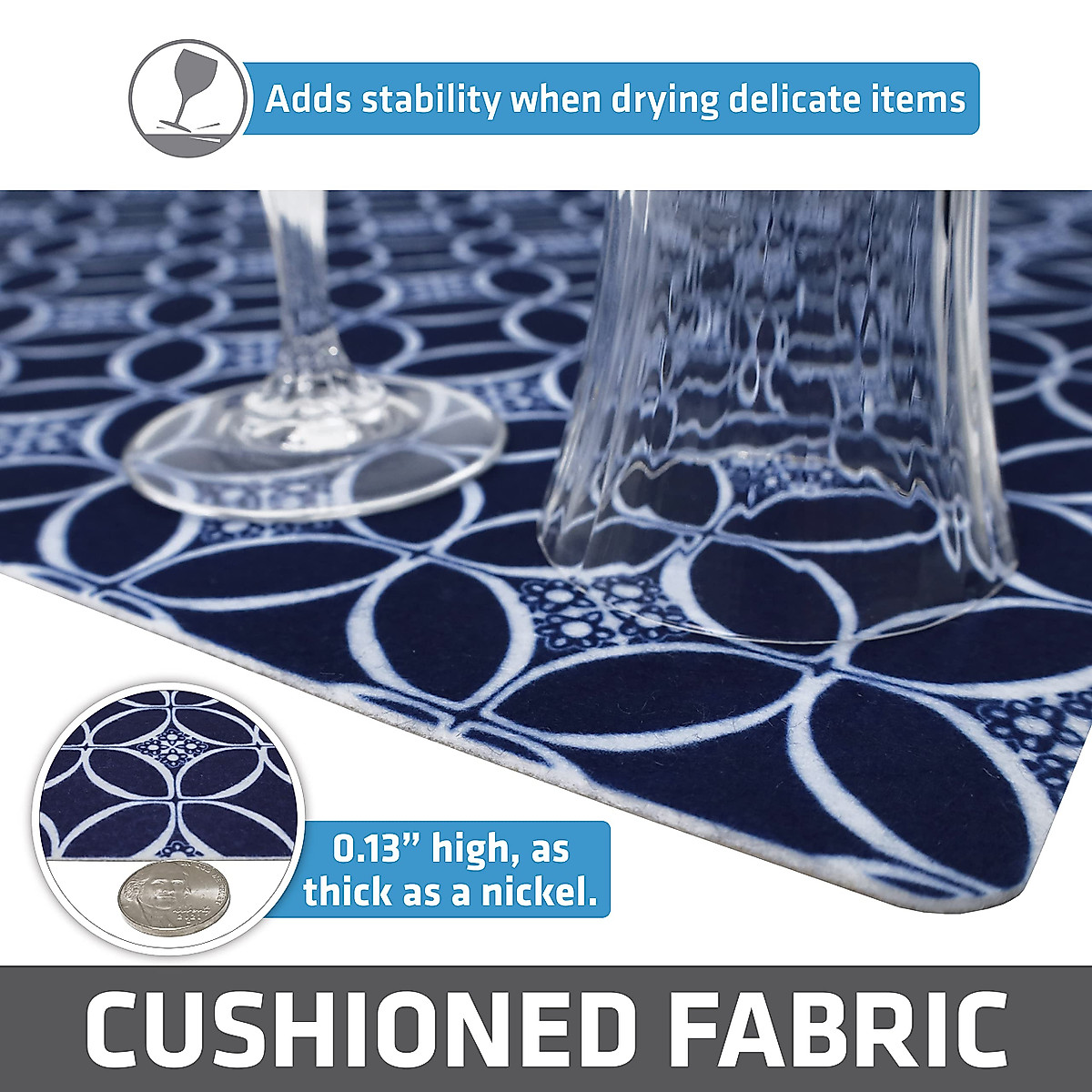 Drymate Premium Luxury Shelf & Drawer Liner, Thick Cushioned Fabric, Non-Adhesive, Absorbent, Waterproof, Slip-Resistant, Liners for Kitchen Cabinets, Cupboards (USA Made)(12”x59”)(2-Pack)(Indigo)