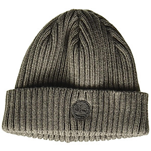 Timberland Men's Ribbed Watch Cap with Logo Patch, Heather Grey 2, One Size