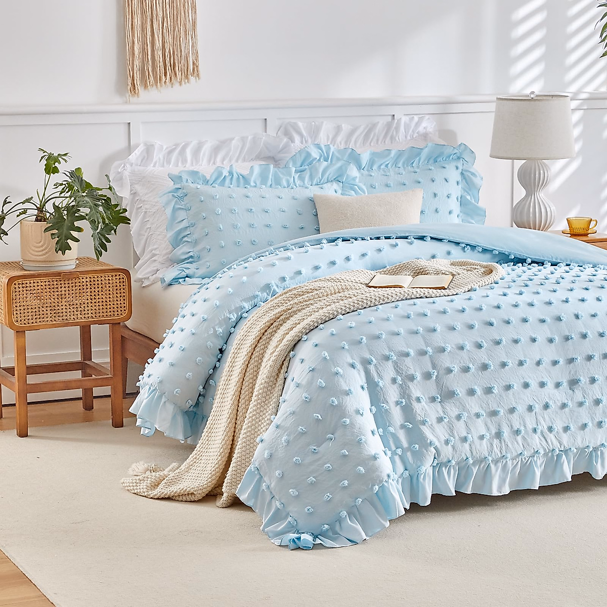 Tufted Dots Ruffle Comforter Set Twin Size, 3 Pieces Blue Ruffled Farmhouse Comforters, Luxury Embroidery Shabby Chic Pom Pom Tufts Boho Bohemian Bedding Set for Kids(1 Comforter + 2 Pillowcases)