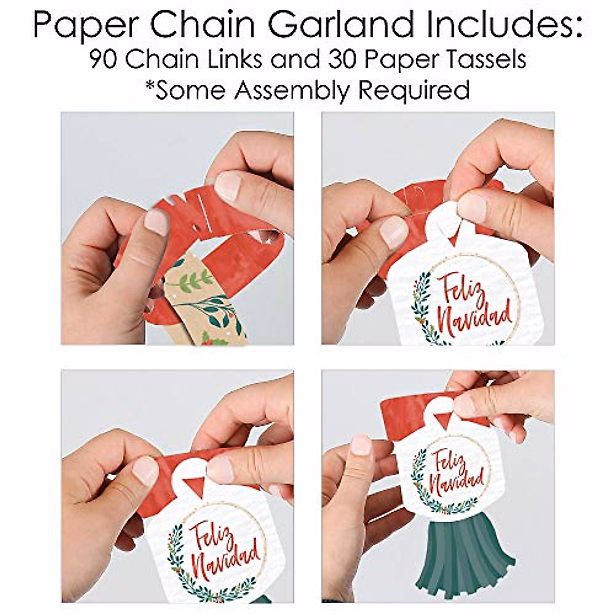 Big Dot of Happiness Feliz Navidad - 90 Chain Links and 30 Paper Tassels Decoration Kit - Holiday and Spanish Christmas Party Paper Chains Garland - 21 feet
