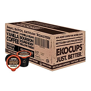 EKOCUPS Artisan Organic Vanilla Flavored Hot or Iced Coffee, Medium roast, in Recyclable Single Serve Cups for the Keurig K Cup Brew, 10 Count (Pack of 4)
