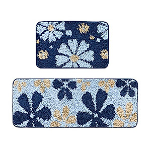 Kitchen Rug Set, 2-in-1 Kitchen Mat Anti-Fatigue Cushioned Kitchen Sink Floor Mat Super Absorbent Non Skid Easy to Clean Comfort Standing Kitchen Mat (Blue)