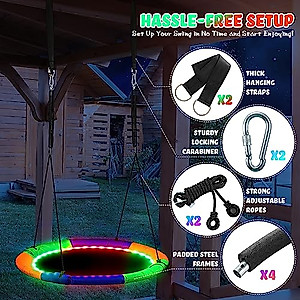LFSMVT LED Saucer Tree Swing, 40 Inch Light Up Kids Swing Set with APP & Remote Control, Music Sync, Waterproof Round Circle Swings for Kids Outdoor, Playground, Backyard