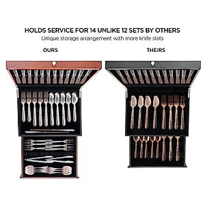 Silverware Storage Box Flatware Storage Case with Dual Tone Wooden Finish Drawer and Tarnish Proof Felt Lining to Store Sterling Silver Ware Cutlery Sets 15x11 Inch Size Service for 14