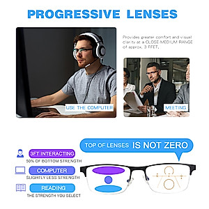 Missfive 2 Pack Mens Quality Progressive Multifocus Reading Glasses Blue Light Blocking, Man Spring Hinge No-Line Multifocal Readers Half Frame Metal Eyeglasses (Workspace For Near Range, 2.5x)